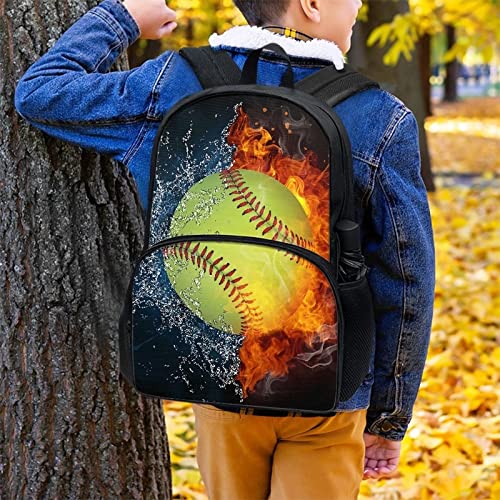 Talayituse Softball Print School Shoulder Bag for Teen Girls Boys Water and Fire Design Bookbag Backpack with Front Zipper Pocket