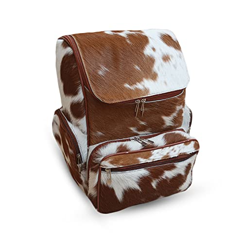 Real Cowhide Backpack Bag Cowhide Diaper Bag Travel Daypack Bag Hold all Backpack Multi Pockets | Brown and White Backpack Bag