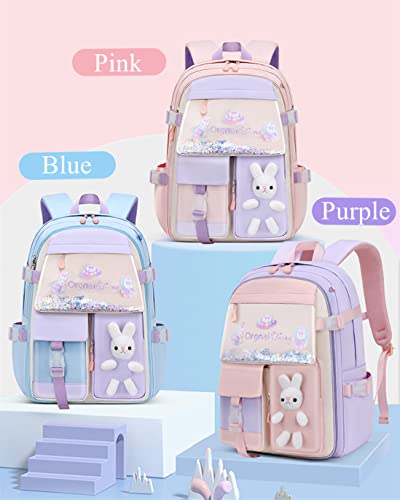 EKUIZAI Colorful Cute Backpack for Girls Elementary Schoolbag Sweet and Kawaii Kid's Backpack with Rabbit dolls