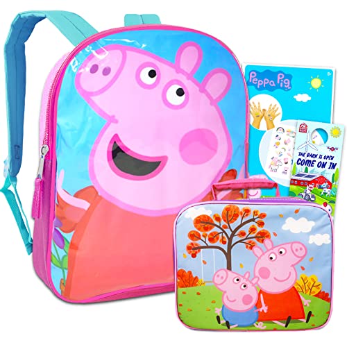 Screen Legends Peppa Pig Backpack and Lunch Box Set - Bundle with 15" Peppa Pig Backpack, Lunch Bag, Tattoos, and More | Peppa Pig Backpack for Girls