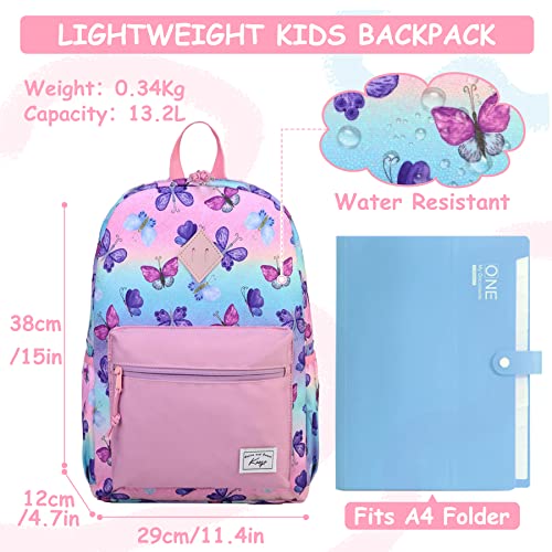 Kasqo Kids Backpack, Water Resistant Lightweight Preschool Toddler Bookbag with Chest Strap for Boys and Girls, butterfly