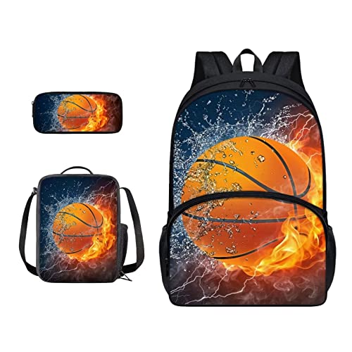 Suobstales Basketball Print Schoolbags Set Water and Fire Design Backpack+Thermal Lunchbox+Pencil Case Full Set 3 Pcs for Boys Girls Back to School Bookbags Set