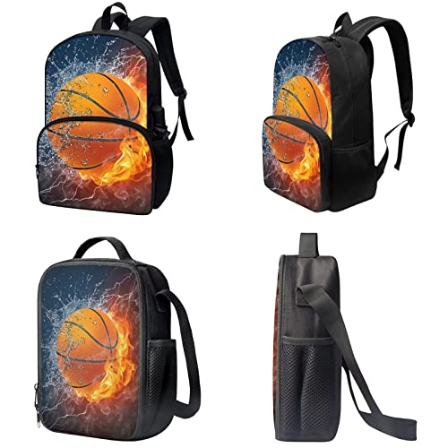 Suobstales Basketball Print Schoolbags Set Water and Fire Design Backpack+Thermal Lunchbox+Pencil Case Full Set 3 Pcs for Boys Girls Back to School Bookbags Set