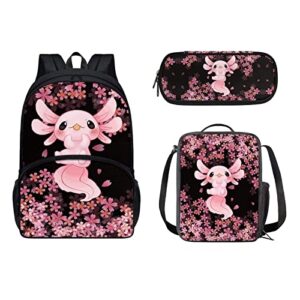 yuuxorilu kids school bag cherry blossom axolotl backpack with lunch box for girls school backpack with pencil case travel rucksack book bag for primary preschool children teens school bookbag