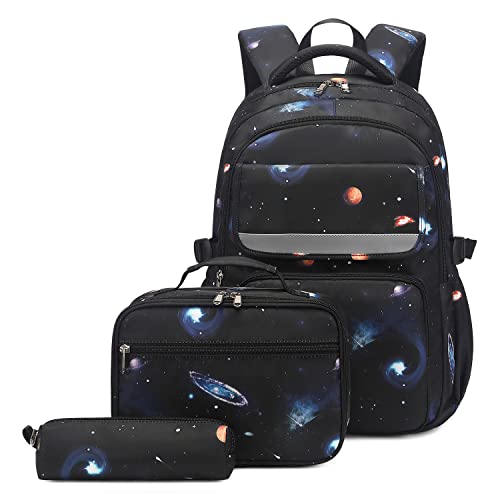 HEYZARDA School Backpack for Boys Kids Bookbag Outer Space Book Bag with Lunch Box 3 in 1, Colorful