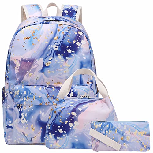 SHEEYEE School Backpack for Teen Girls Kids Bookbags with Lunch Box Set Students Laptop Travel Marble Backpack