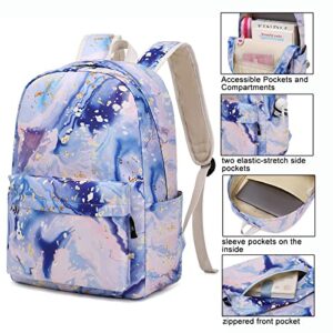 SHEEYEE School Backpack for Teen Girls Kids Bookbags with Lunch Box Set Students Laptop Travel Marble Backpack