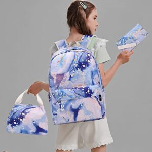 SHEEYEE School Backpack for Teen Girls Kids Bookbags with Lunch Box Set Students Laptop Travel Marble Backpack