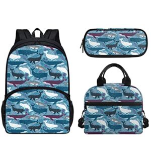 renewold blue whale print 3 pack kids backpack set primary middle student school book bag kids teens boys girls schoolbag with lunch box pencil case set lightweight