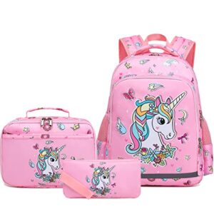 girls unicorn backpack, elementary school kids backpack for girls unicorn bookbag set with chest strap lunch bag and pencil case