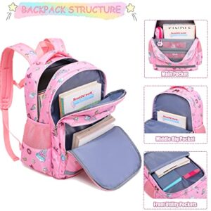 Girls Unicorn Backpack, Elementary School Kids Backpack for Girls Unicorn Bookbag Set with Chest Strap Lunch Bag and Pencil Case