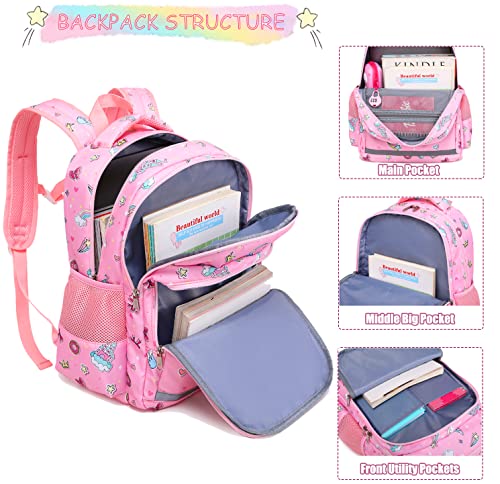 Girls Unicorn Backpack, Elementary School Kids Backpack for Girls Unicorn Bookbag Set with Chest Strap Lunch Bag and Pencil Case