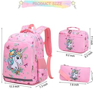 Girls Unicorn Backpack, Elementary School Kids Backpack for Girls Unicorn Bookbag Set with Chest Strap Lunch Bag and Pencil Case