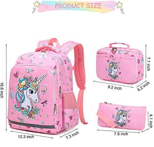 Girls Unicorn Backpack, Elementary School Kids Backpack for Girls Unicorn Bookbag Set with Chest Strap Lunch Bag and Pencil Case