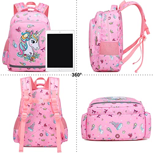 Girls Unicorn Backpack, Elementary School Kids Backpack for Girls Unicorn Bookbag Set with Chest Strap Lunch Bag and Pencil Case