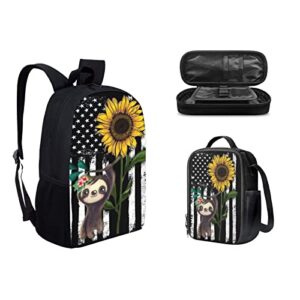 Suhoaziia 3PCS Cute Sloth Sunflower Black White American Flag Girls School Backpack, Student Toddler Bookbag Lunch Bags Shoulder Laptop Bag for Womens Pencil Cases Holders for Adults