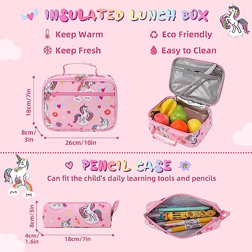 Unineovo Unicorn Girls School Backpack Set 3 in 1, Girls Pink Unicorn Bookbag, Backpack, Lunch Box, and Pencil Case for Elementary School