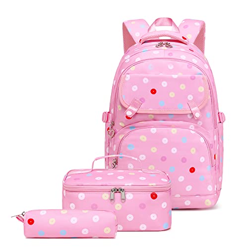 Armbq Polka-dot Print Backpacks for Girls with Lunch Box Teenage School Bookbag Set for Elementary Middle 3 Pieces Student Travel Bag