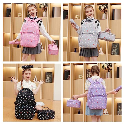 Armbq Polka-dot Print Backpacks for Girls with Lunch Box Teenage School Bookbag Set for Elementary Middle 3 Pieces Student Travel Bag