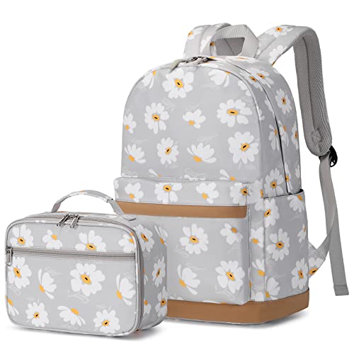 Createy Backpack for Girls Kids Backpack with Lunch Box Lightweight Daisy Prints Backpack Primary Elementary Students Bookbags School Bags Set