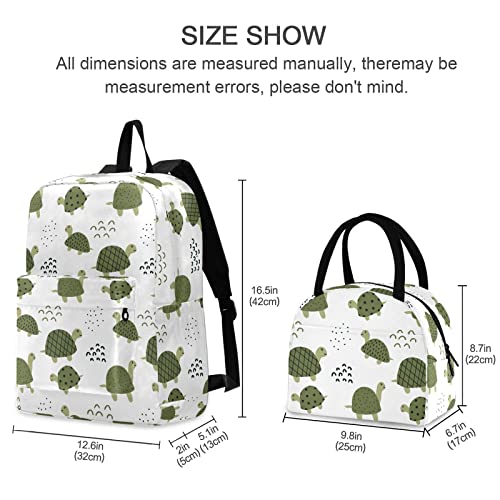 FOLIOSA Kid's Backpack Lunch Bag Set Green Turtle Print， Large Capacity Insulated Scratch-Resistant Backpack with Lunch Kit for School Work Suits for 6+ Years Teenager Boys Girls