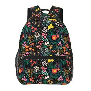 black flowers backpack for girls - colorful floral school backpacks wildflowers plants bookbag spring botanical foliage rucksack seasonal herb leaves daypack travel bag