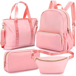 kacctyen 4 pieces school backpacks set preppy school book bag nylon pouch makeup bag with travel tote bag solid color fanny bag back school supplies for student teens girls (pink)