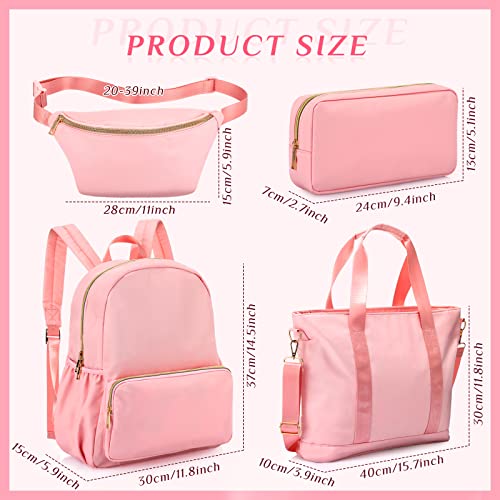 Kacctyen 4 Pieces School Backpacks Set Preppy School Book Bag Nylon Pouch Makeup Bag with Travel Tote Bag Solid Color Fanny Bag Back School Supplies for Student Teens Girls (Pink)