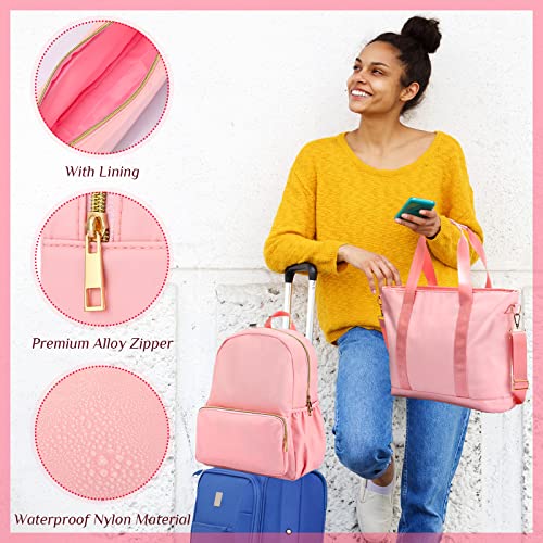 Kacctyen 4 Pieces School Backpacks Set Preppy School Book Bag Nylon Pouch Makeup Bag with Travel Tote Bag Solid Color Fanny Bag Back School Supplies for Student Teens Girls (Pink)