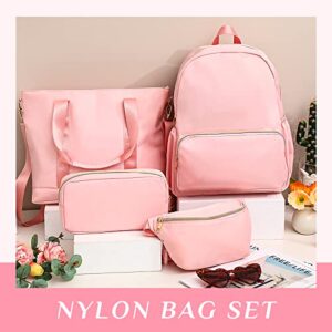 Kacctyen 4 Pieces School Backpacks Set Preppy School Book Bag Nylon Pouch Makeup Bag with Travel Tote Bag Solid Color Fanny Bag Back School Supplies for Student Teens Girls (Pink)