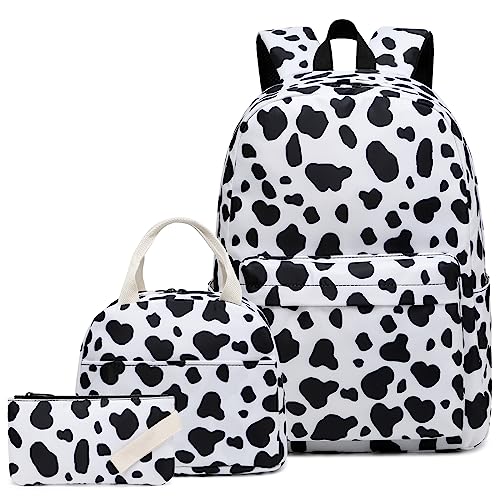 Dezcrab Cow Print Kids Backpack for Girls, Teens School Bags Bookbags Set with Lunch Bag Pencil Case