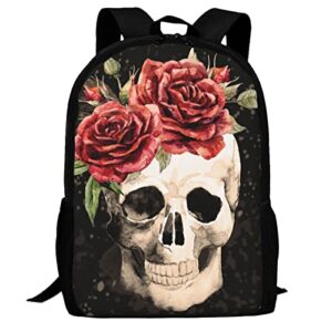 FREE LION Kids Skull Backpack for Boys Girls Gothic Skull and Red Rose Bookbags Elementary Middle High School Bag Large Capacity 17 inch Big Student Backpack for School & Travel