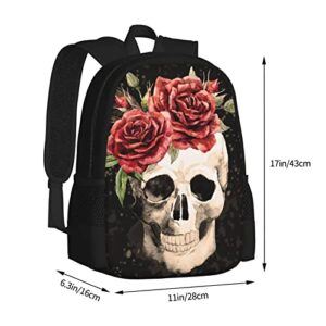 FREE LION Kids Skull Backpack for Boys Girls Gothic Skull and Red Rose Bookbags Elementary Middle High School Bag Large Capacity 17 inch Big Student Backpack for School & Travel