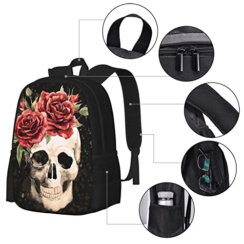 FREE LION Kids Skull Backpack for Boys Girls Gothic Skull and Red Rose Bookbags Elementary Middle High School Bag Large Capacity 17 inch Big Student Backpack for School & Travel