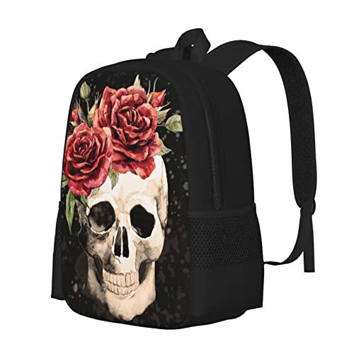 FREE LION Kids Skull Backpack for Boys Girls Gothic Skull and Red Rose Bookbags Elementary Middle High School Bag Large Capacity 17 inch Big Student Backpack for School & Travel