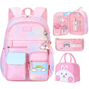 ihzz kawaii backpack, pink backpack for girls, kid starry rainbow bookbag, cute backpack for kids, aesthetic backpack, pink(3 pcs set), 3 pcs-set pink kawaii backpack