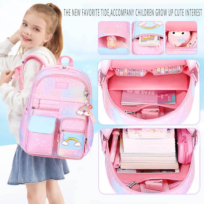 IHZZ Kawaii Backpack, Pink Backpack for Girls, Kid Starry Rainbow Bookbag, Cute Backpack for Kids, Aesthetic Backpack, Pink(3 PCS Set), 3 Pcs-set Pink Kawaii Backpack