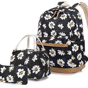 Flowers Backpack Kids School Bag 3-in-1 Bookbag Set, Junlion Laptop Backpack Lunch Bag Pencil Case Gift for Teen Girls Womens Daisy Black