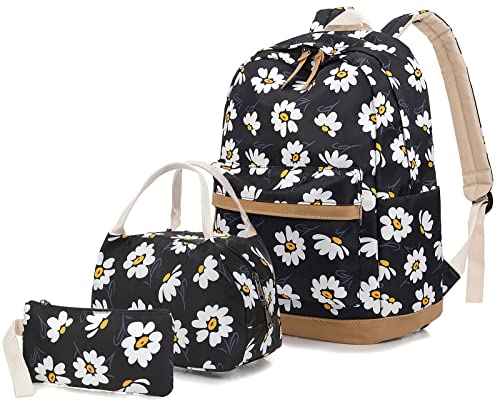 Flowers Backpack Kids School Bag 3-in-1 Bookbag Set, Junlion Laptop Backpack Lunch Bag Pencil Case Gift for Teen Girls Womens Daisy Black