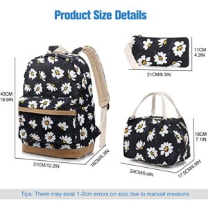 Flowers Backpack Kids School Bag 3-in-1 Bookbag Set, Junlion Laptop Backpack Lunch Bag Pencil Case Gift for Teen Girls Womens Daisy Black