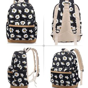 Flowers Backpack Kids School Bag 3-in-1 Bookbag Set, Junlion Laptop Backpack Lunch Bag Pencil Case Gift for Teen Girls Womens Daisy Black