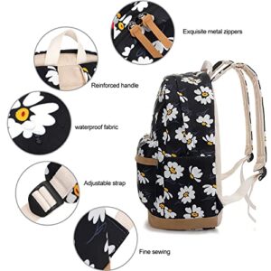 Flowers Backpack Kids School Bag 3-in-1 Bookbag Set, Junlion Laptop Backpack Lunch Bag Pencil Case Gift for Teen Girls Womens Daisy Black