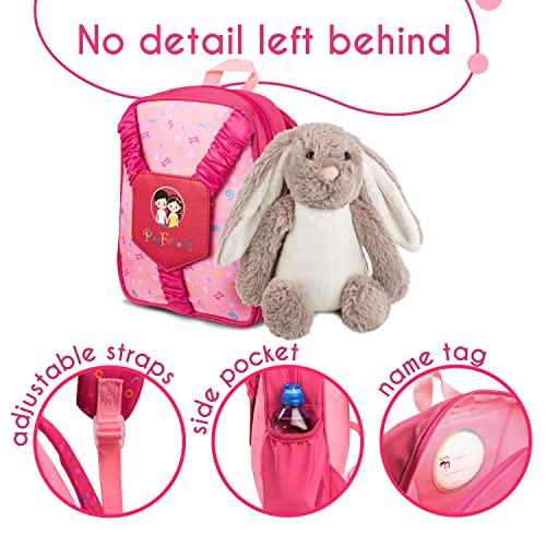 Play Friends Girls Backpacks Ages 4-6 - Medium Size Kids Backpack with Cute Rabbit Plush Toy Great as School Bag, Bookbag, Travel Bag - Birthday Gift for Girls 3 Years Old and Up