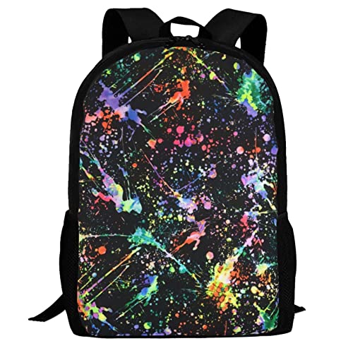 UIACOM Colorful Paint Splatter Backpacks Splash on Black School Bags Travel Backpacks Laptop School Bookbags Lightweight 17 inch Large Daypack Rucksack for Women Men Teens Kids