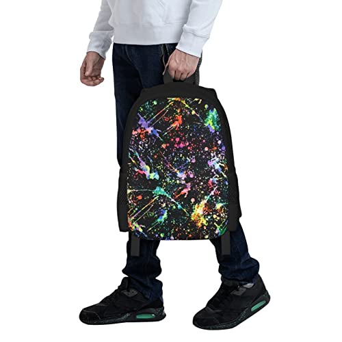 UIACOM Colorful Paint Splatter Backpacks Splash on Black School Bags Travel Backpacks Laptop School Bookbags Lightweight 17 inch Large Daypack Rucksack for Women Men Teens Kids