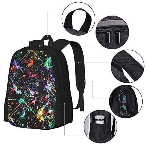 UIACOM Colorful Paint Splatter Backpacks Splash on Black School Bags Travel Backpacks Laptop School Bookbags Lightweight 17 inch Large Daypack Rucksack for Women Men Teens Kids