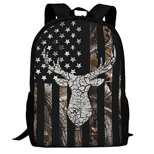 UIACOM American Flag Deer School Backpack USA Hunting Camo Deer Flag Bookbags for Teens Kids Boys Girls, Large 17 inch Elementary Junior High University School Bag, Casual Travel Daypack Backpack