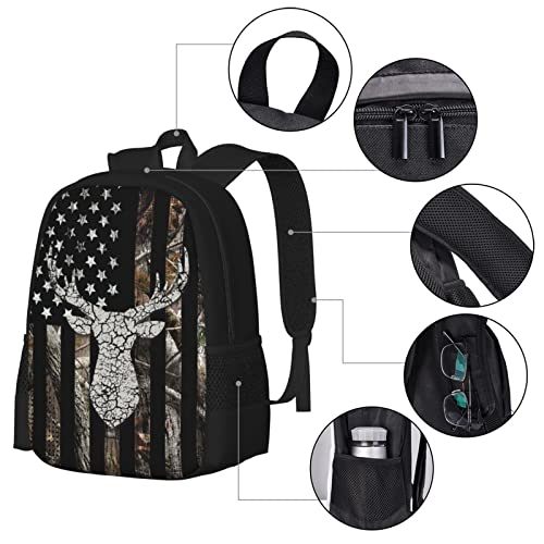 UIACOM American Flag Deer School Backpack USA Hunting Camo Deer Flag Bookbags for Teens Kids Boys Girls, Large 17 inch Elementary Junior High University School Bag, Casual Travel Daypack Backpack