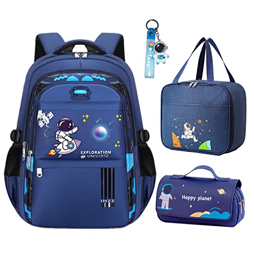 IHZZ Boy Backpack, Backpack for Boys, Cute Kid Backpack, Waterproof Lightweight Schoolbag Backpack with Lunch Bag and Pencil Case, Blue(3 PCS Set)