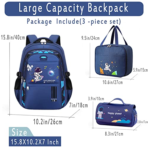 IHZZ Boy Backpack, Backpack for Boys, Cute Kid Backpack, Waterproof Lightweight Schoolbag Backpack with Lunch Bag and Pencil Case, Blue(3 PCS Set)